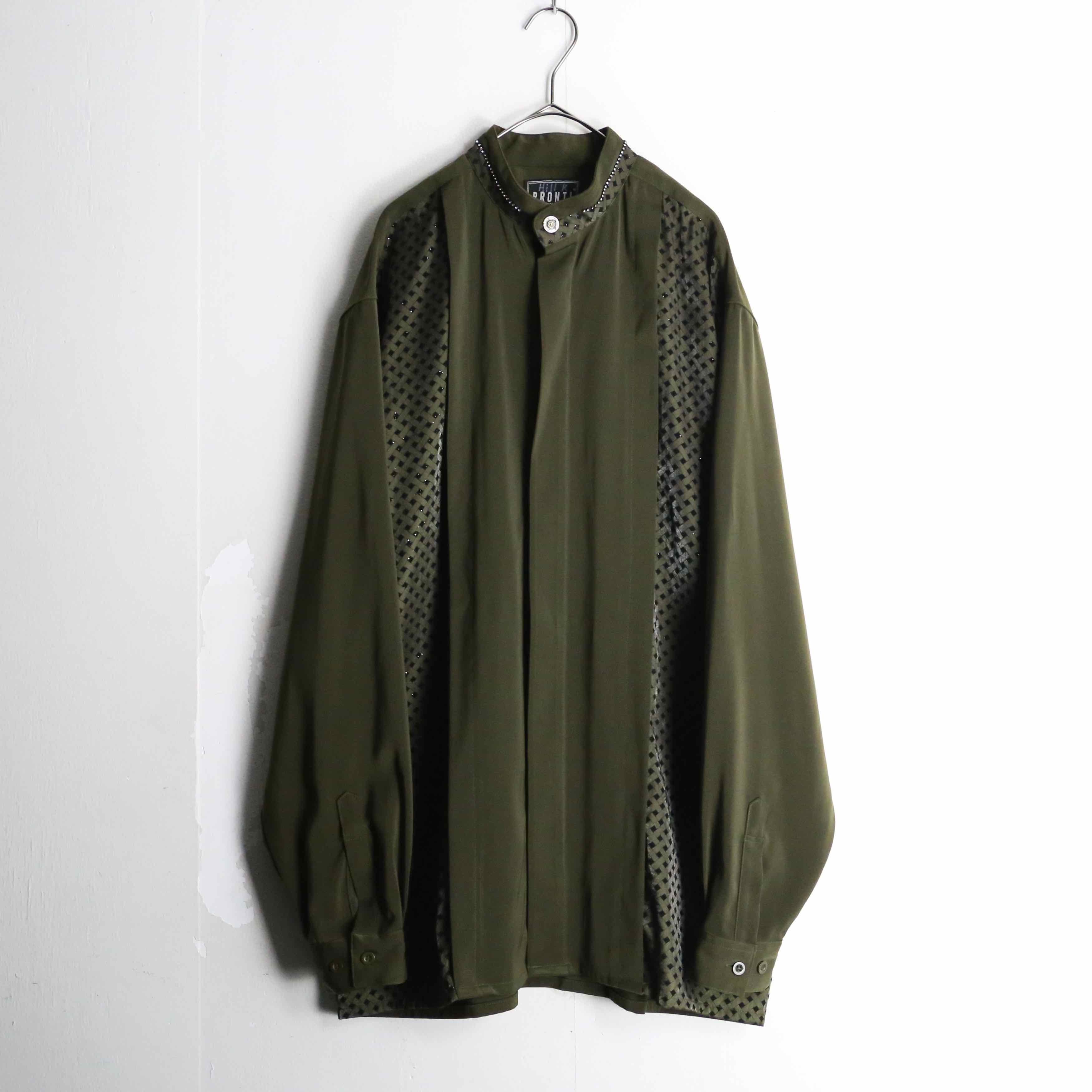 "PRONTI" olive green braided pattern lame shirt