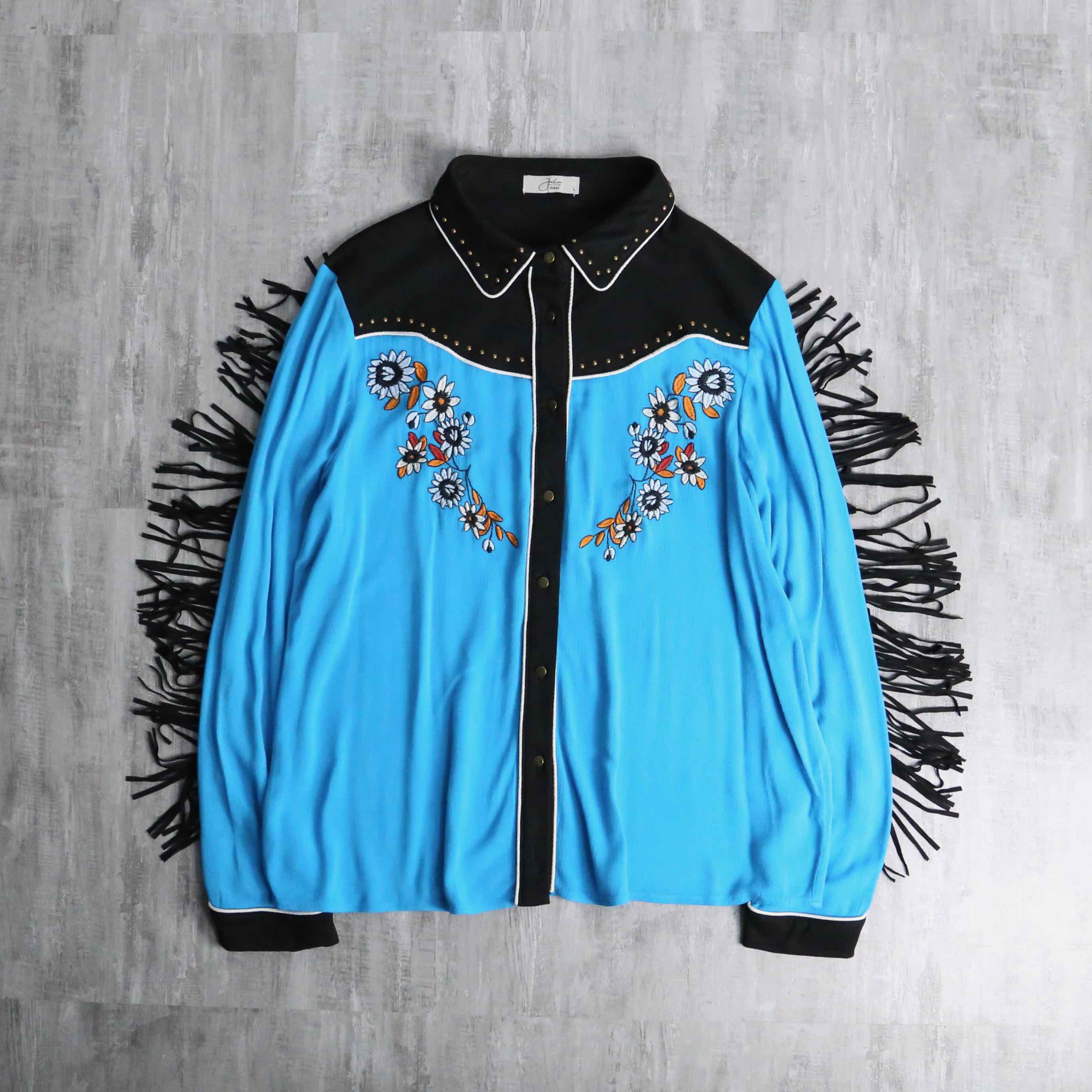 light blue fringe design rayon western shirt